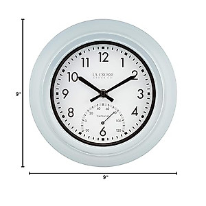 La Crosse Clock T82110 9" Indoor/Outdoor Light Blue Distressed Analog Clock with Thermometer