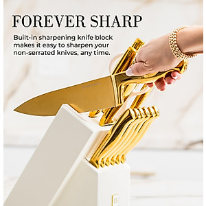 STYLED SETTINGS White and Gold Knife Set with Sharpener -14PC Self Sharpening Knife Block Set Includes Luxurious Full Tang Knives and White Knife Block - White and Gold Kitchen Decor Accessories