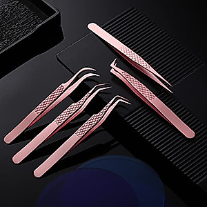 5 Pieces Eyelash Extension Tweezers Set Straight and Curved Tip False Lash Tweezers Eyelash Volume Tweezers Stainless Steel Precision Tweezers for Eyelash Extension (Rose Gold)