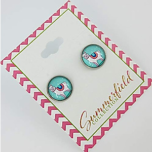 Stainless Steel Llama Print Glass Stud Earrings 12mm (Teal)