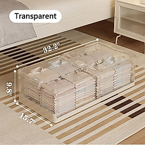 2 Pack Under-bed storage box with wheels, stackable, under-bed shoe storage drawer, foldable plastic storage box with lid, can store clothes, shoes, blankets, toys, books (L Szie，White Transparent)