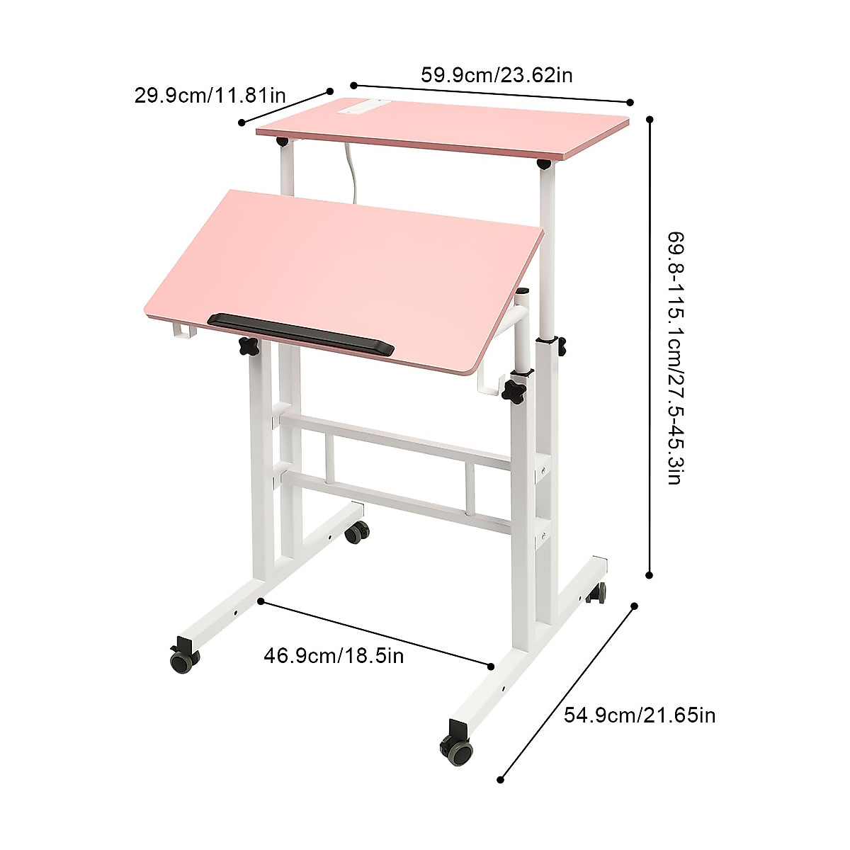 LEYSRIS Mobile Standing Desk Stand up Computer Desk Workstation with Universal Wheels, Adjustable Height Dual Desktop Tilting Panel Rolling Computer Cart with 2 USB Interfaces and 2 Sockets (Pink)