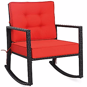 Tangkula Wicker Rocking Chair, Outdoor Glider Rattan Rocker Chair with Heavy-Duty Steel Frame, Patio Wicker Furniture Seat with 5” Thick Cushion for Garden, Porch, Backyard, Poolside (1, Red)
