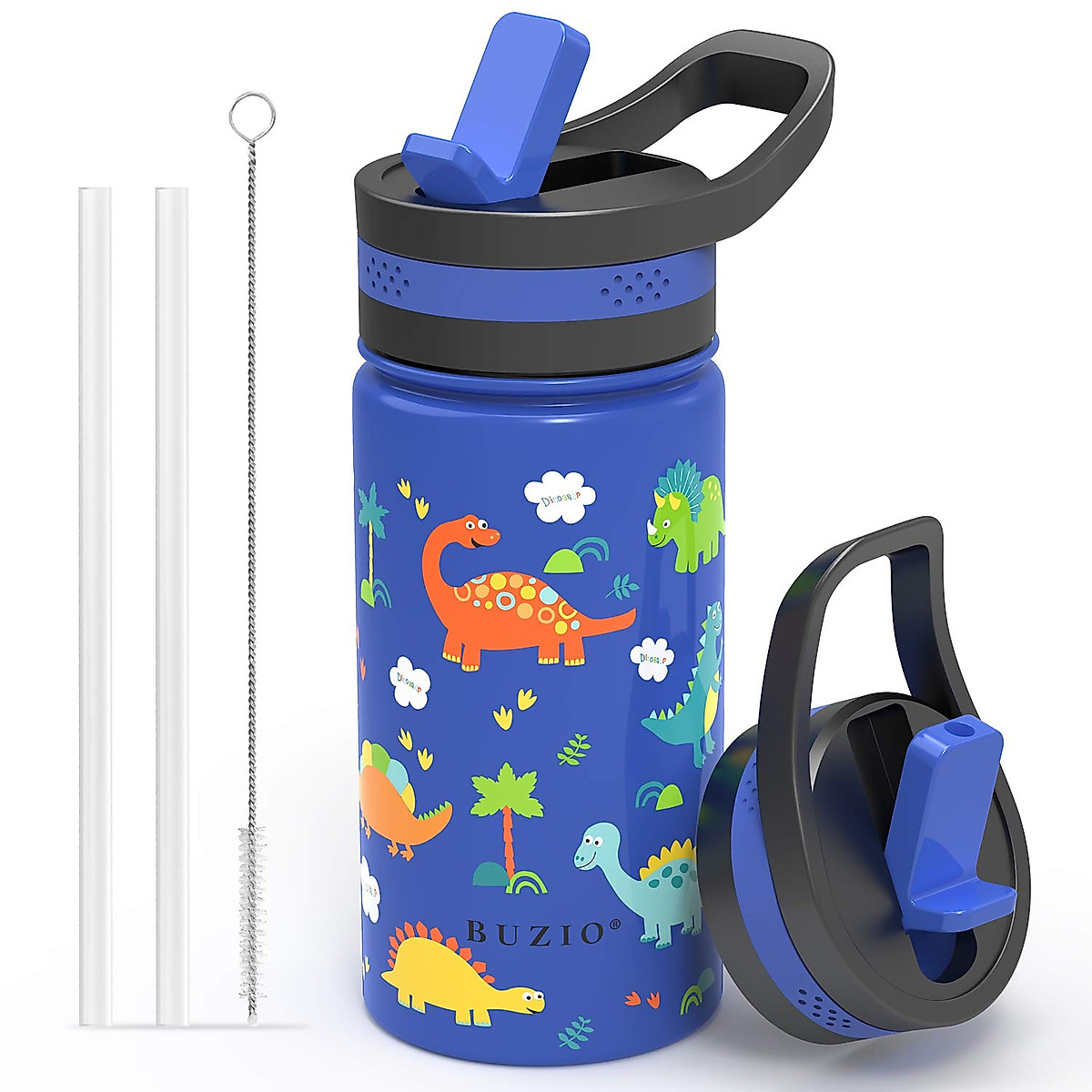 BUZIO Insulated Water Bottle for Kids (2 Pack), Modern Vacuum Insulated Hydro Bottle Leak-proof with Straw Lids, 14oz Double Walled Wide Mouth Sports Drink Flask, Blue Dinosaur