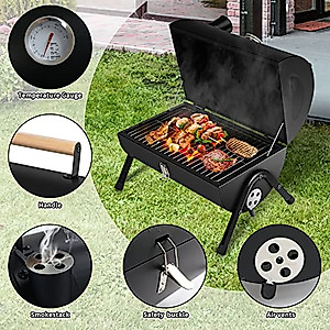 Gardenature Portable Charcoal Grill Mini Small BBQ Grill for Outdoor Cooking Camping and Picnic BBQ Charcoal Grill Set with Glove & Brush - Black