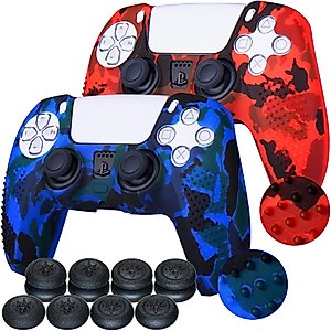 YoRHa Studded Printing Silicone Cover Skin Case for PS5 Controller x 2(Red+Blue) with Pro Thumb Grips x 8