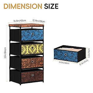 Dresser for Bedroom, 4 Tier Fabric Dresser Tower for Clothes, Drawers Storage with Four Drawers Nightstand with Drawers Retro Cloth Dressers for Bedroom, 16.5 * 12.9 * 33.0in