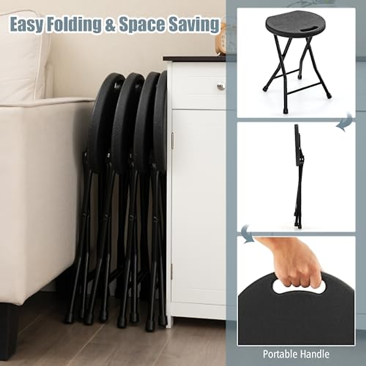 Giantex Set of 2 Folding Stool, Round Foldable Bar Stools, 2 Pack Portable Folding Chairs with Handle, Collapsible Stools 18 Inch 330lbs Capacity for Camping RV Party (Black)