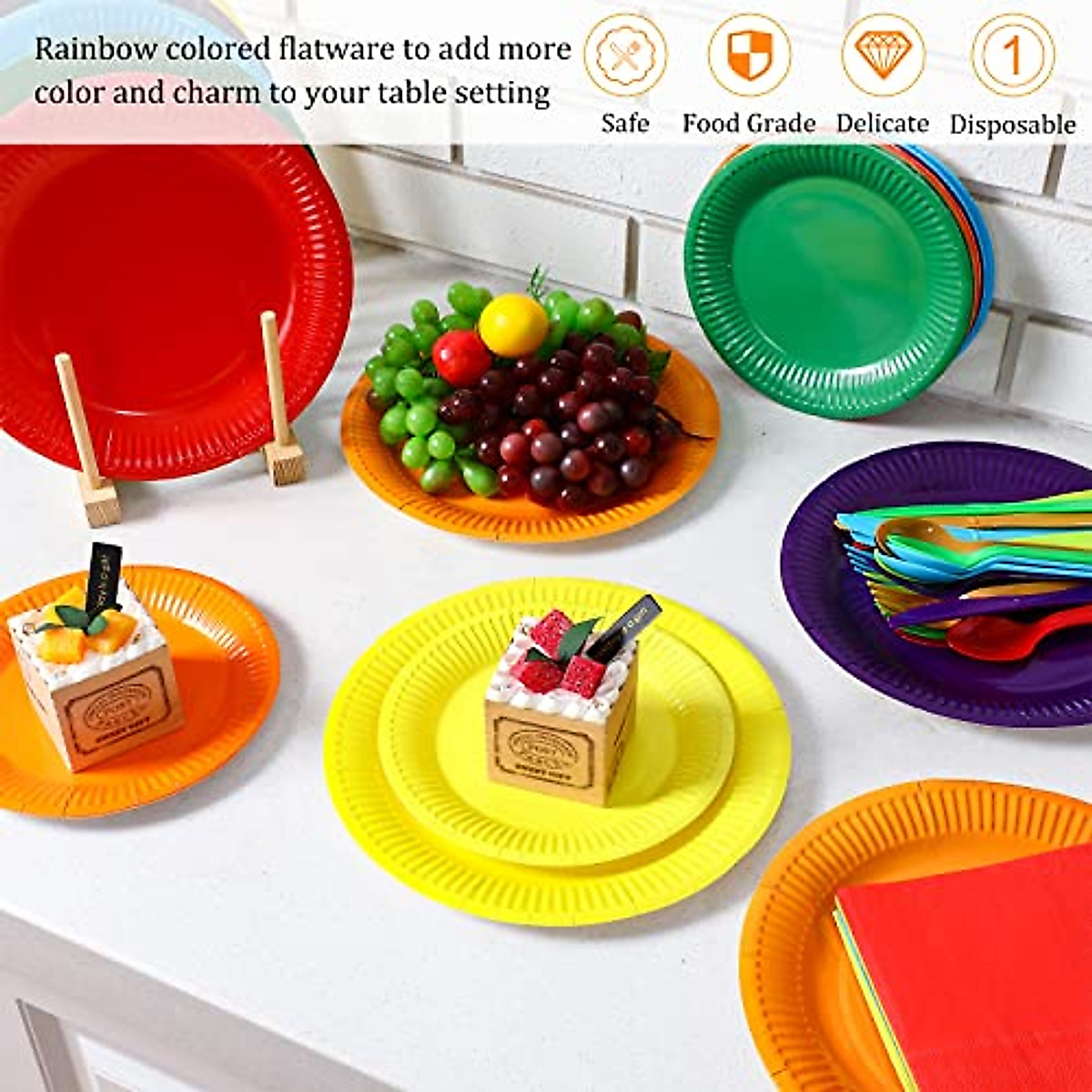 Karenhi 144 Pieces Rainbow Party Supplies Includes 7 Inch 9 Inch Paper Dinner Plates Colorful Cocktail Napkin Plastic Spoons Forks Knives Serve for 24 Guests Birthday Baby Shower Party Supplies