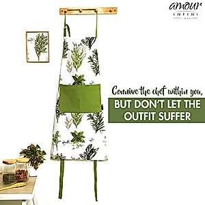 AMOUR INFINI Aprons for Women Adjustable Strap with Waist Ties Aprons for Baking, Cooking, Gardening Cotton Washable, Reusable Spring & Easter Apron (27.5 x 33 Inches - Herb Garden)