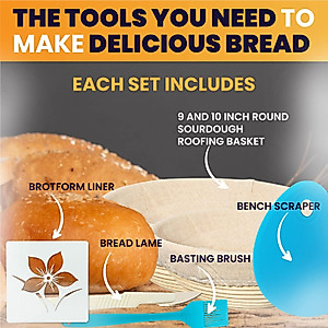 Bread Banneton Proofing Basket Set | 9” & 10” Round Baking Bowl Kit for Sourdough | Includes Dough Scraper, Bread Lame, Brotform Cloth Liner, Basting Brush (Blue)