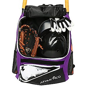 Athletico Baseball Bat Bag - Backpack for Baseball, T-Ball & Softball Equipment & Gear for Youth and Adults | Holds Bat, Helmet, Glove, & Shoes |Shoe Compartment & Fence Hook (Purple)