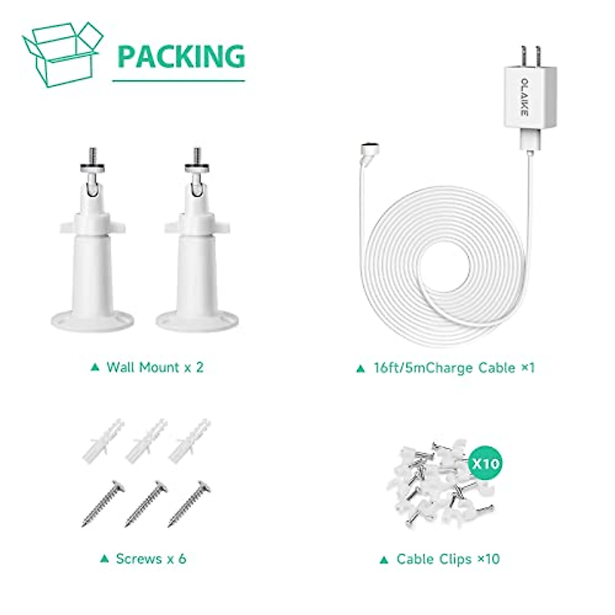 OLAIKE 5m/16ft Charge Cable with DC Power Adapter Bundle with Smart Home Adjustable Metal Wall Mount (2 Pack) for Google Nest Cam Outdoor or Indoor (Battery) - 2nd Gen, White