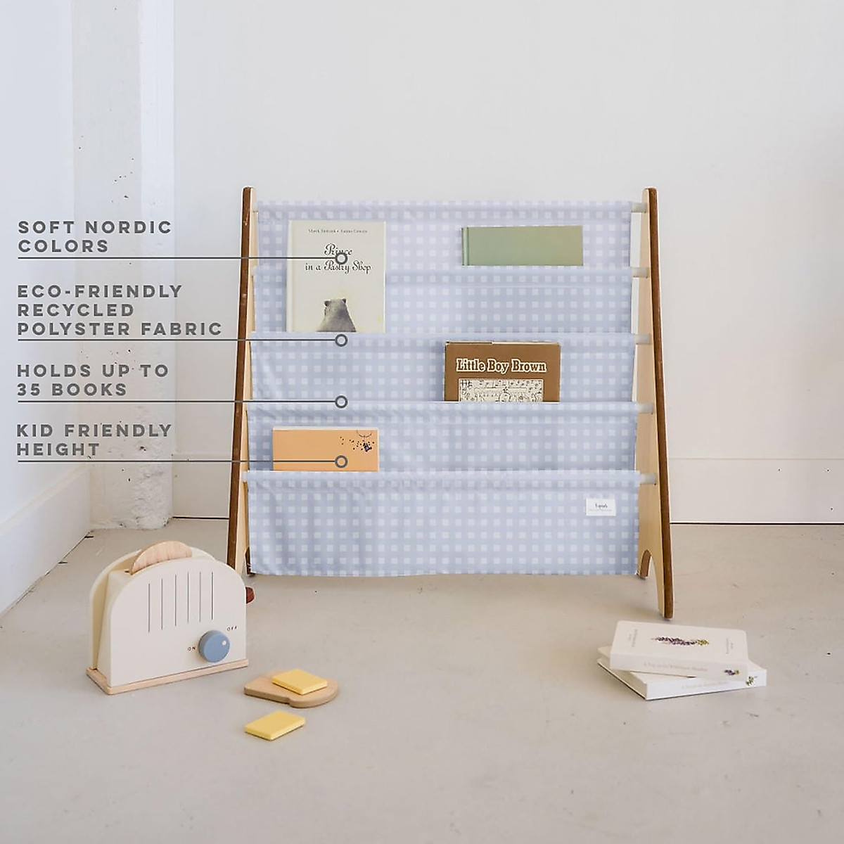 3 Sprouts Recycled Fabric Kids Bookshelf – 4-Tier Sling Book Rack Storage - Kids Room Book Shelves, Nursery, Playroom, Classroom - Bookcase Display Shelf for Toddler, Children Age 3+ - Gingham Blue