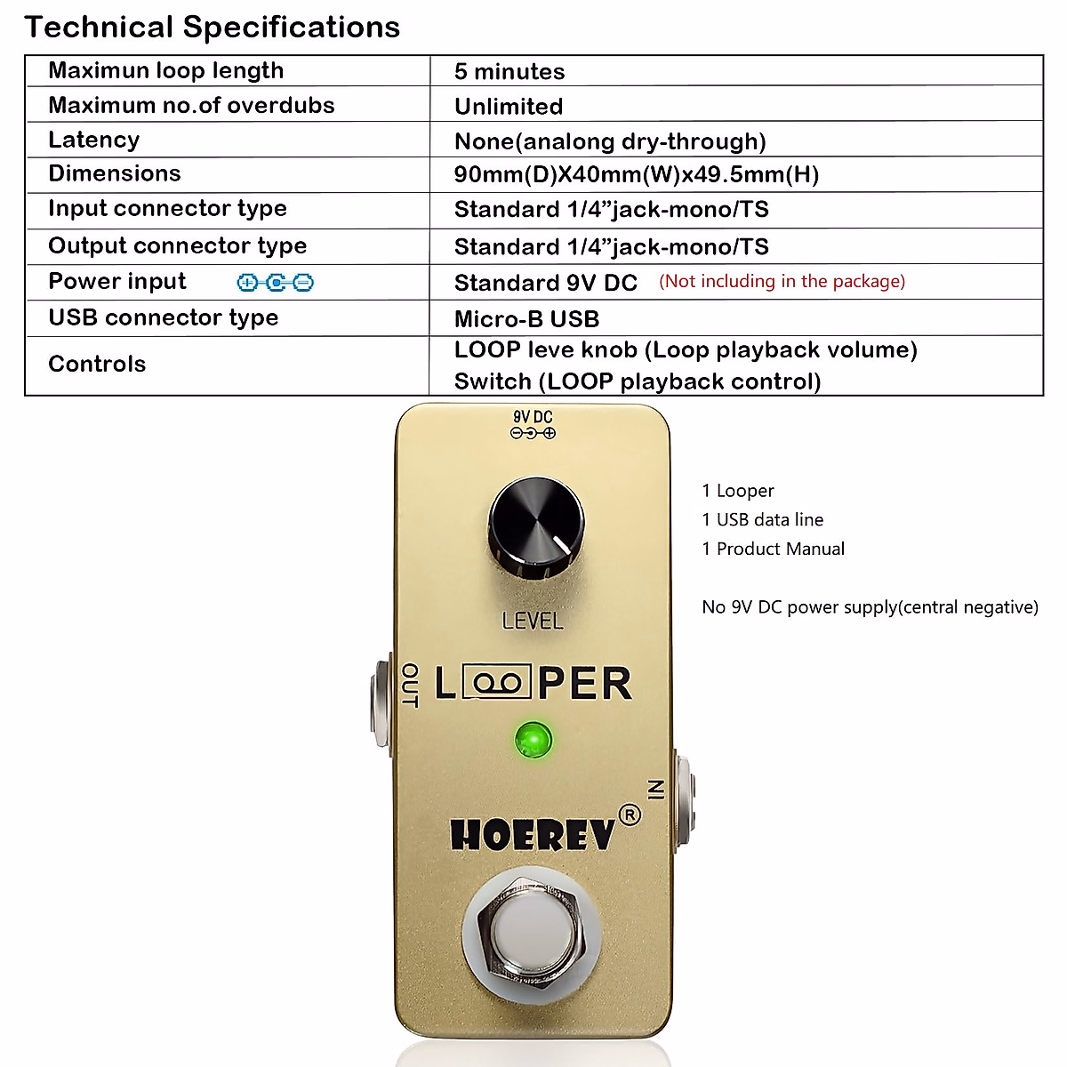 HOEREV Guitar Mini Loop Effector Looper Samplers Effects Tuner For Electric Acoustic Guitar Bass Pedals 9 Loops Stations, Color Gold