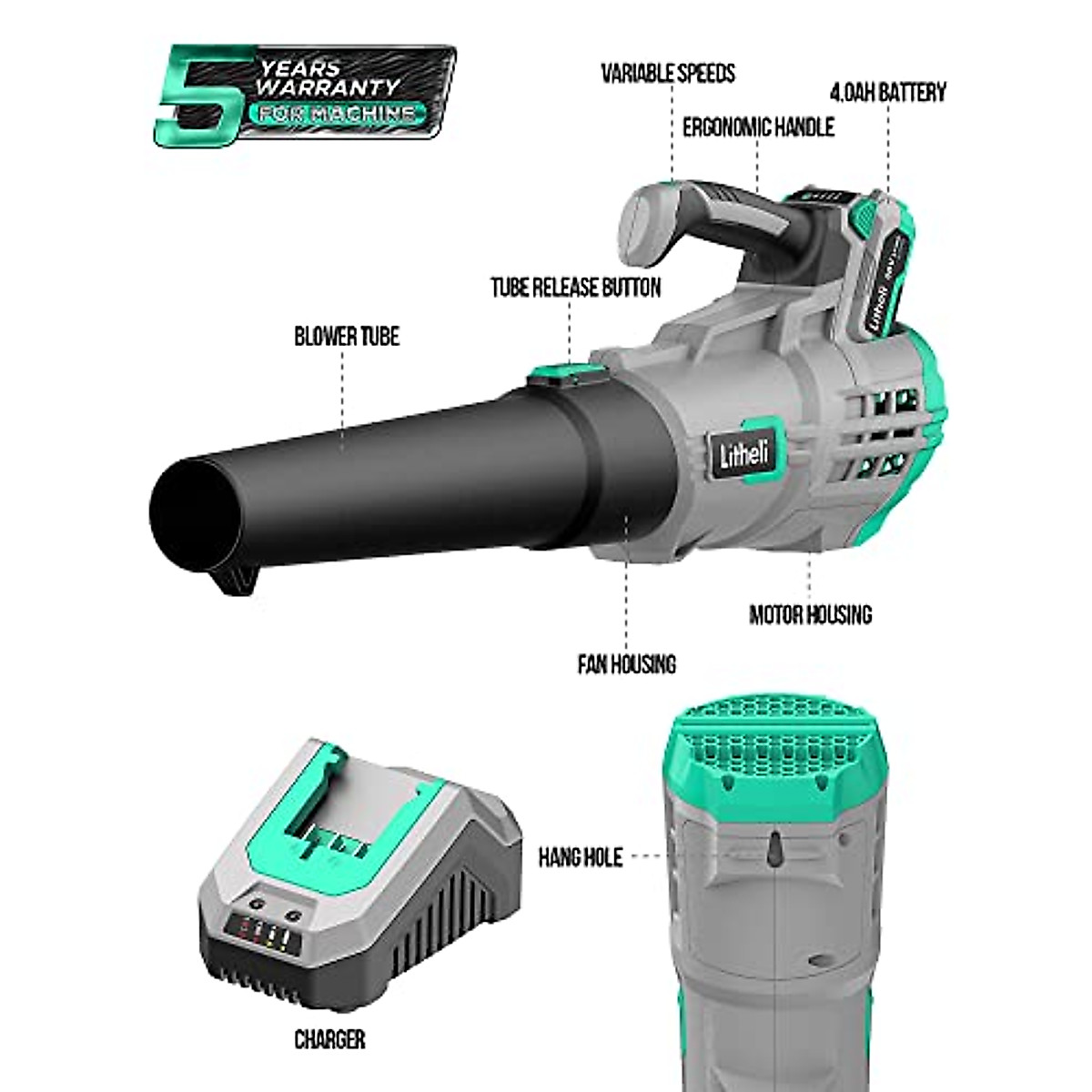 Litheli 20V Cordless Leaf Blower, 350 CFM 85 MPH Battery Leaf Blower, Variable Speeds Leaf Blower for Cleaning Leaves, Dust, Snow, Lawn, Yard, 4.0Ah Battery & Fast Charger Included