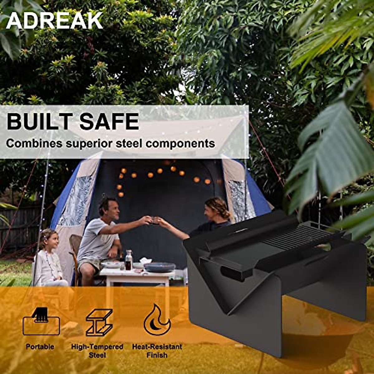 Adreak 18 inch Fire Pit, Outdoor Portable Firepit with BBQ Tray, Detachable Camping Steel Fire Pits for Backyard, Patio, Picnic, Bonfire, Garden (Black-Small)