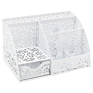 EasyPAG Desk Organizer Caddy with 6 Compartments and 1 Sliding Drawer Desktop Accessories Office Supplies Holder for Home School Classroom,White