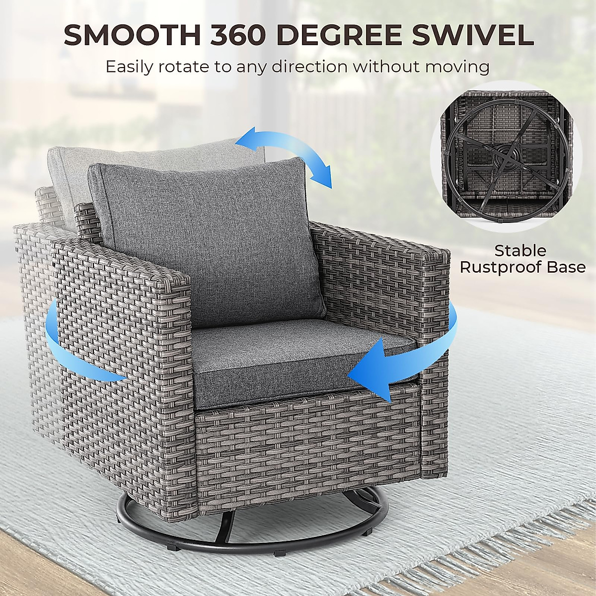Patio Wicker Swivel Rocker Chairs, Outdoor Glider Rocking Chairs Set of 2 with Side Table, High Back and Thick Cushion Patio Swivel Glider Chair 3 Piece Patio Furniture Sets for Porch Backyard Pool