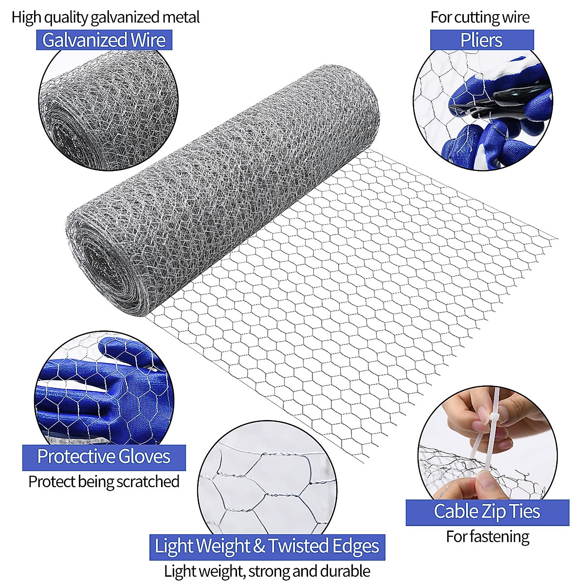 Chicken Wire, 2 Rolls of 15.7“ ×393.7” Chicken Wire Net for Craft, Chicken Wire Fence Mesh with Plier, Protective Gloves, Cable Zip Ties for Crafts Garden Poultry Chicken Coops Rabbit Rodent Cage