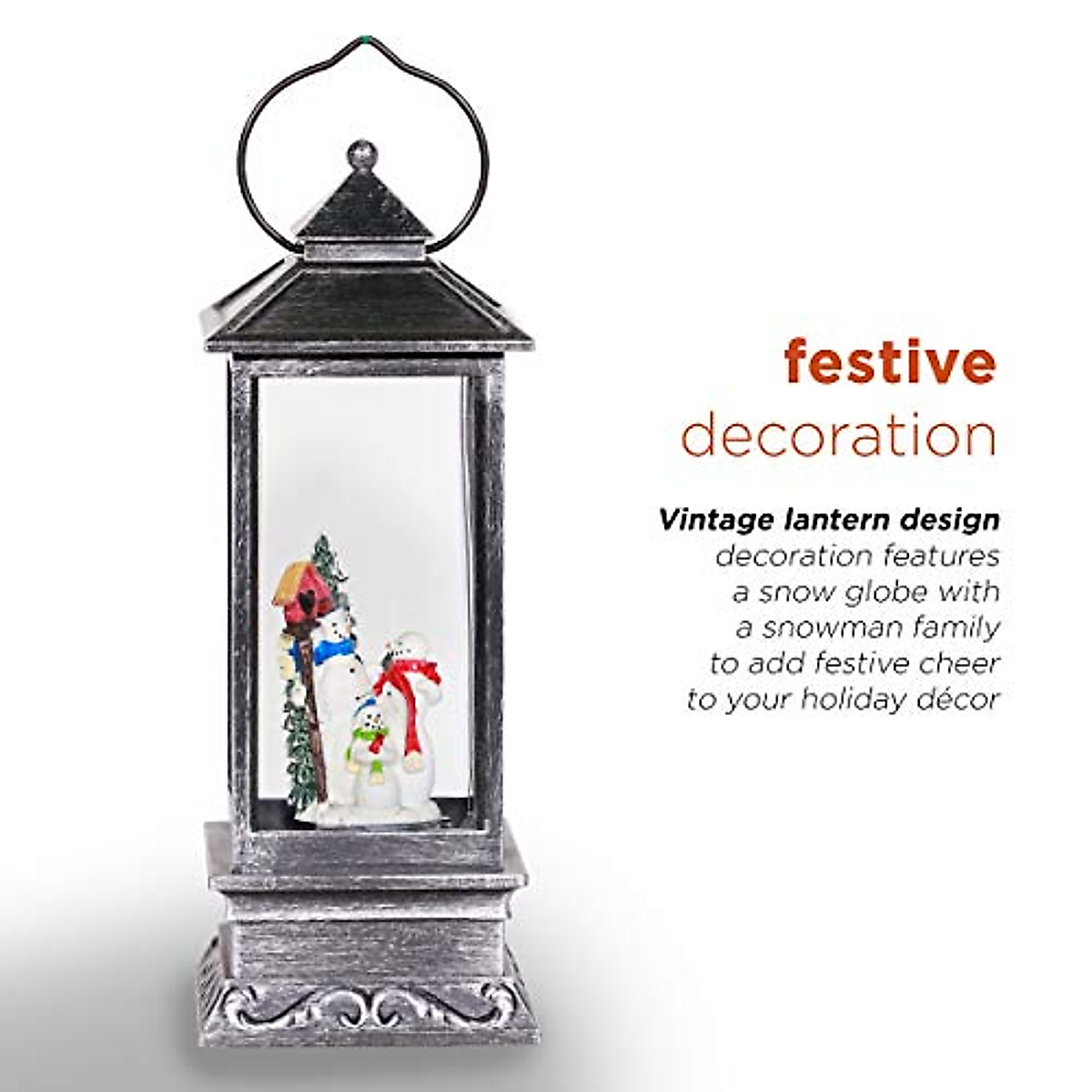Alpine Corporation QVA126SL Lantern Snowman Snow Globe Holiday Décor, Black