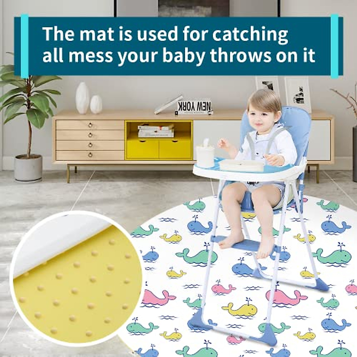 Splat High Chair Mats for Dropping Food, ALYYDBG Baby Washable Waterproof & Anti-Slip Floor Splash Mat for Under High Chair (Large Round 43 X 43 Whale)