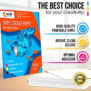 Printable Vinyl Sticker Paper for Inkjet Printer - Glossy White - 15 Self-Adhesive Sheets - Waterproof Decal Paper - Standard Letter Size 8.5"x11"