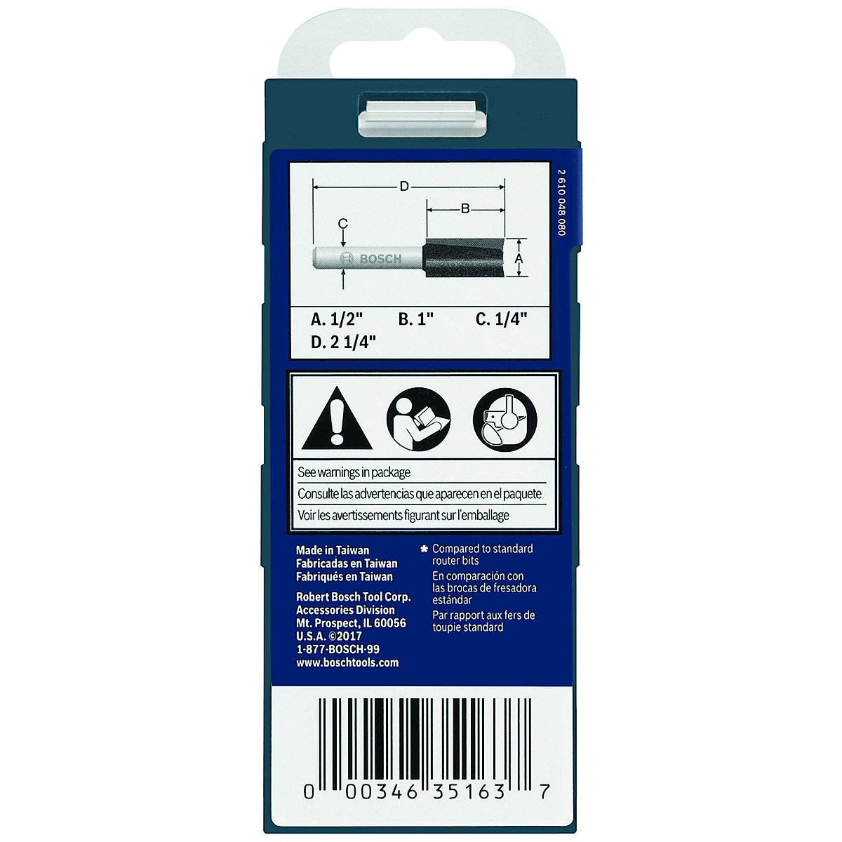 BOSCH 85227M 1/2 In. x 1 In. Carbide Tipped 2-Flute Straight Bit