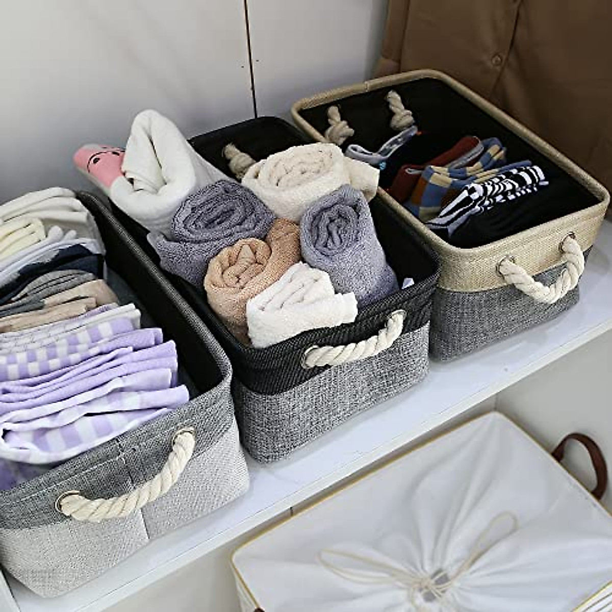 Sea Team 3-Pack Small Storage Basket Set, Storage Cube Organizer, Storage Bins, 12 x 8 x 5 Inches, Rectangle Canvas Fabric Collapsible Shelf Box with Handles for Kids Room (Ash Grey/Grey)