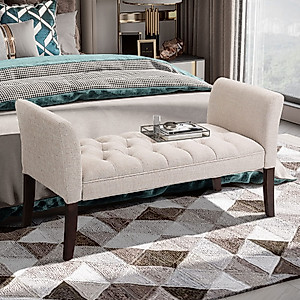 HOMCOM End of Bed Bench with Button Tufted Design, Upholstered Bedroom Entryway Bench with Arms and Solid Wood Legs for Bedroom, Beige