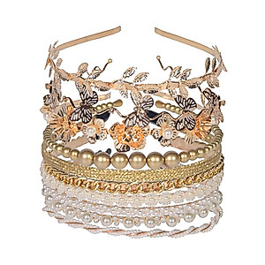 10 PCS Pearls Headband, Rhinestones, Gold Metal Headbands, White Hairbands Leaf Decor Metallic Butterfly Flower Chained Bridal Hair Hoop, Wedding Hair Accessories for Women Girls ¡­