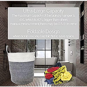 Laundry Hamper, Pure Cotton Rope Basket, Woven Laundry Bag with Handles, Large Clothes/Towels/Storage Organizer, Collapsible Storage Bin for Living Room, Bedroom, Laundry Room, White Gray