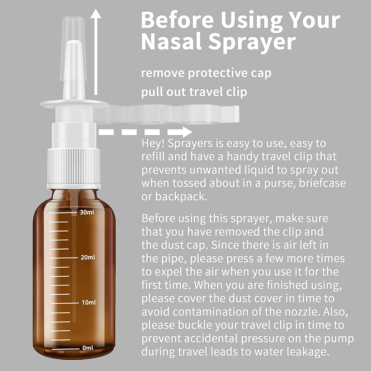 Nasal Spray Bottles with Graduated Scale, 5 PCS 30ML/1OZ Continuous Fine Mister Spray Bottles, Refillable Small Empty Amber Glass Bottle with Funnels, Travel Clips and Labels