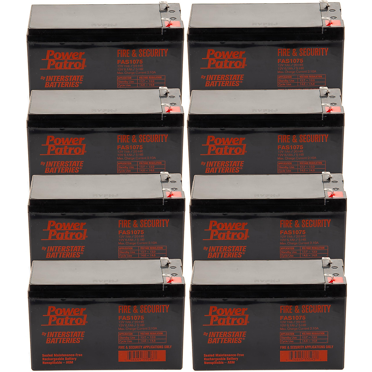 Interstate Batteries 12V 7Ah Fire & Security Battery (8-Count) (F1 Terminal) SLA AGM VRLA Power Patrol Rechargeable Replacement for Fire Alarms, Security Systems (FAS1075)