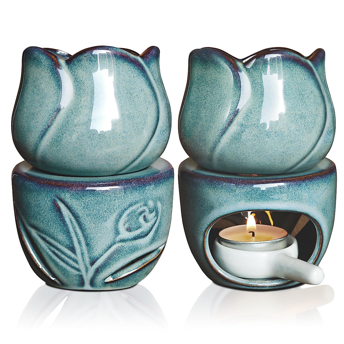 Fragrance Essential Oil Burner Tealight,Tea Light Candle Wax Warmer,Tealight Fragrance Oil Warmer (Set of 1,Ice Cracked Glaz Lotus Shape)