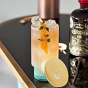 LMHEJING 6 Pcs 16oz Ribbed Glassware with Lid and Straw, Ribbed Glass Cups, Stackable Glasses, Vintage Water Glasses for Juice, Beer, Coffee, Tea and Cocktail (Clear (6Pcs 16oz)) (AB-1)