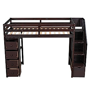 Merax Twin Size Loft Bed, Loft Bed Frame with Storage Drawers and Stairs, Wooden Loft Bed with Shelves, Espresso