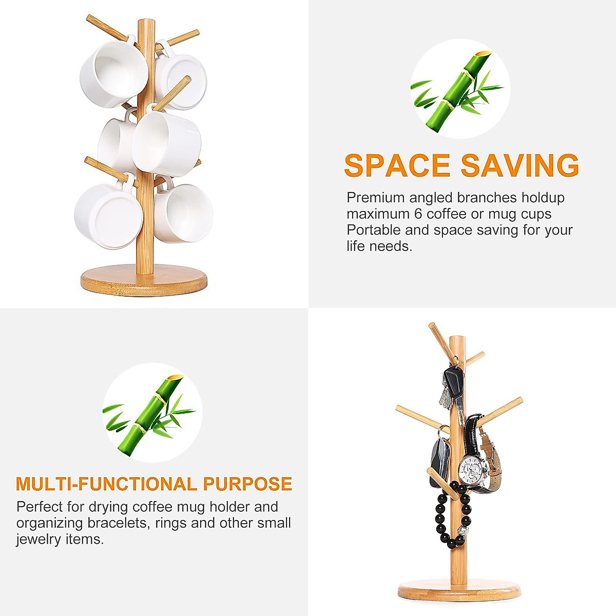 Maxcocola Mug Holder Tree, Coffee Cup Holder, Countertop Mug Tree , Coffee Mug Holder for Counter Stand, Bamboo Mug Rack & Tea Cup Organizer, Bamboo Coffee Counter Bar Accessory with 6 Hooks