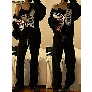 Women's Y2K Vintage Graphic Zip Up Hoodie Oversized Casual Drawstring Hoodie E-Girl 90s Streetwear Jacket Tracksuit(C-black,L)