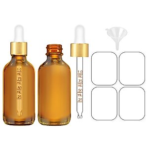 Bumobum Dropper Bottle Amber 1 oz, 30 ml Glass Dropper Bottles with Golden Top Cap for Essential Oils, 2 pack Tincture Bottle with Labels and Funnel