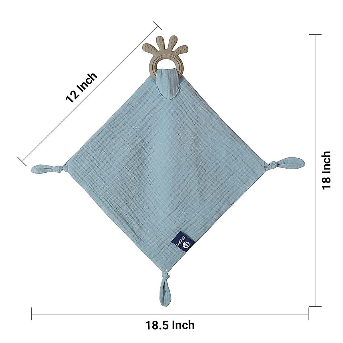 AmazingM Baby Muslin Security Blanket with Food Grade Silionce Teether,Soothe Teething Toy for Boys and Girls,100% Polyester (Blue)