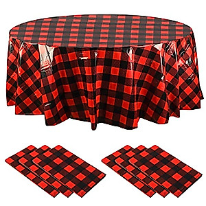 Remagr Christmas Disposable Checkered Tablecloth Round Plastic Buffalo Plaid Table Cloth 84 Inch Waterproof Gingham Cover for Picnic Camping Party Carnival BBQ (Red and Black, 6 Pieces)