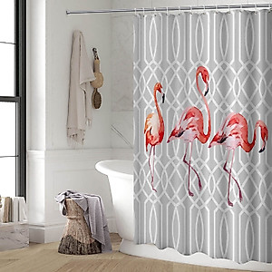 BROSHAN Flamingo Shower Curtains for Bathroom, Elegant Pink Bird Animal Geometric Art Decor Shower Curtain Gray and White 72x72 Inch, Modern Fabric Bathroom Decor Shower Curtain Set