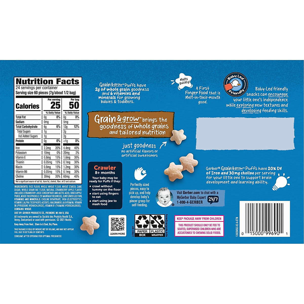 Gerber Snacks for Baby Grain & Grow Puffs To Go, Strawberry Apple, Non-GMO Puffed Grain Baby Snack for Crawlers, Pack of 1 Box