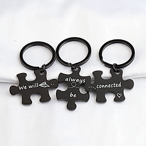 MYOSPARK We Will Always Be Connected Puzzle Keychain Set Of 3 Long Distance Relationship Gift For Best Friends Family (3PCS Connected Keychain black)