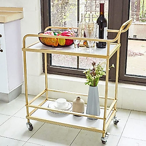 FLYIFE Movable Hand Trucks Dining Cart Hotel Shower Room Cart Restaurant Drink Cart Tea Cart Showroom Living Room Home Mobile Car/Marble Panel/69X35X82Cm
