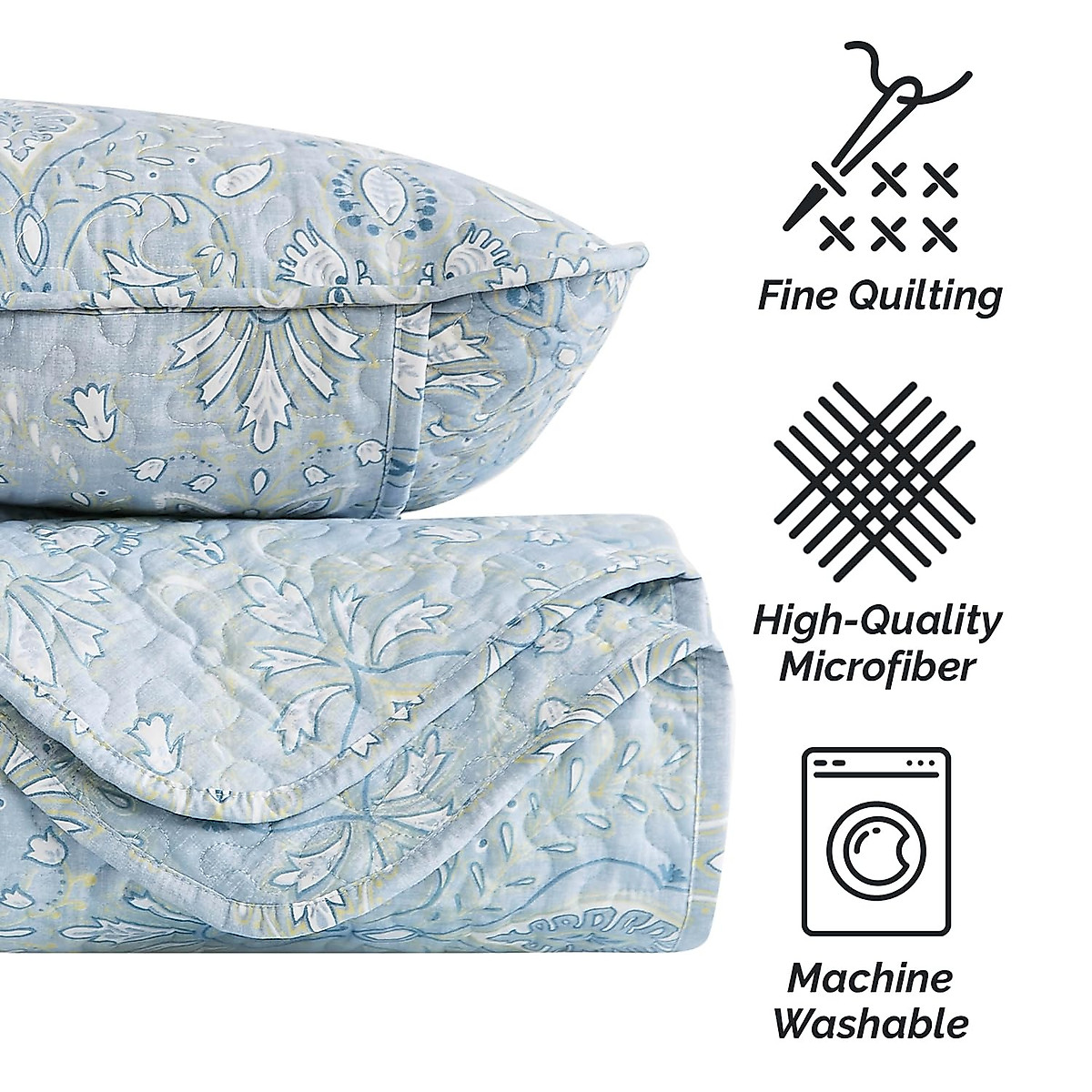 Southshore Fine Living, Inc. Boho Quilt Set, Lightweight Bedspread, Summer Coverlet, 3-Piece Paisley Bedding Set with Two Matching Pillow Shams, California/King Quilts, Blue Paisley