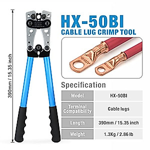 iCrimp Battery Cable Lug Crimping Tool for 8, 6, 4, 2, 1, 1/0 AWG Heavy Duty Wire Copper Lugs, Battery Terminal, with Wire Shear Cutter