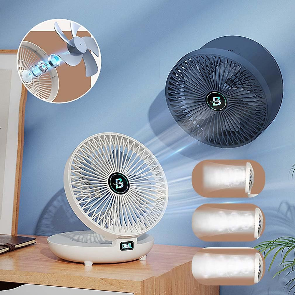 Foldable Air Circulation Fan, Portable Mini Fan, Household Dual-use Kitchen Fan, Wall-mounted desktop fan, Table Air Circulator Fan, Personal Fan, Ultra Quiet Small Table Fan, Office Desk fan (White)