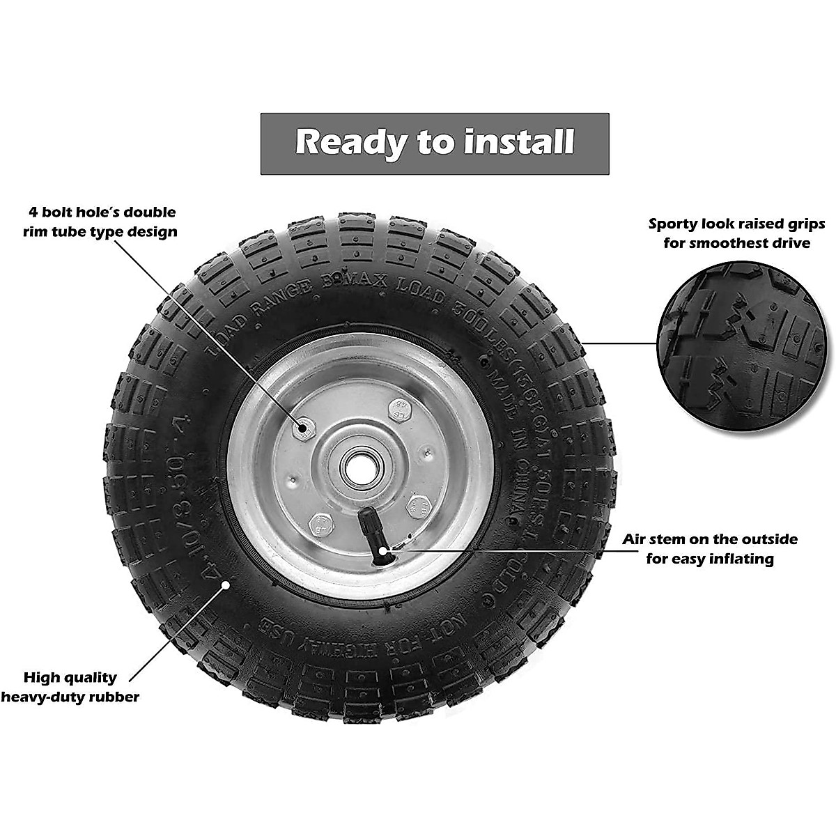 bimiti 4 Pack 10" Rubber Tires and Wheels Pneumatic Air Filled Heavy-Duty Replacement Wheels Tires with 5/8" Center Bearing All Purpose Utility Air Tires Wheels for Dolly Hand Truck Garden Cart